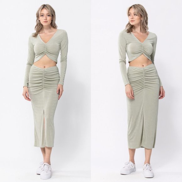 Dresses | Shiny Rib Knit Ruched Top And Skirt | Poshmark